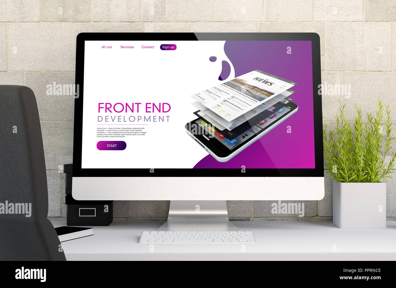3d rendering of workspace with computer showing front end. All screen ...