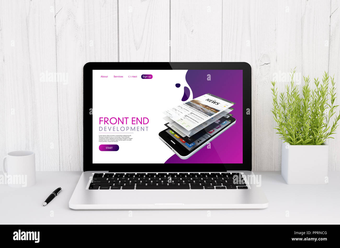 3d rendering of a laptop with front end website design screen on table ...