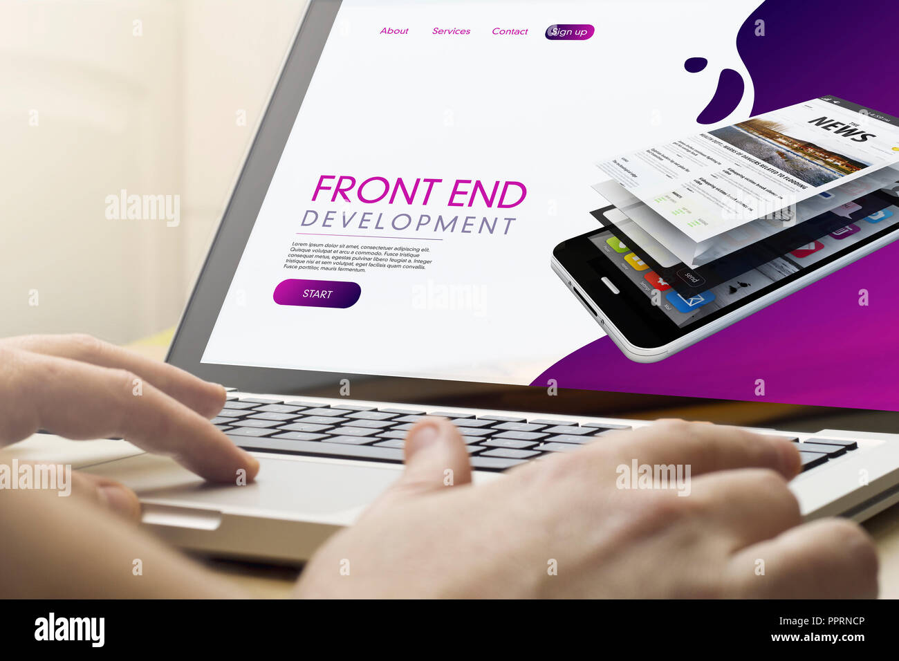 man using a laptop with front end on the screen. Screen graphics are ...