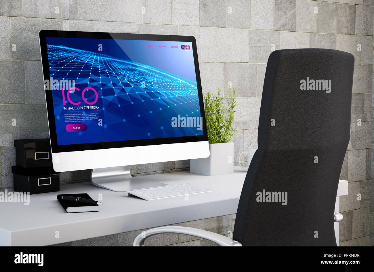 3d rendering of industrial workspace showing ico initial coin offering ...