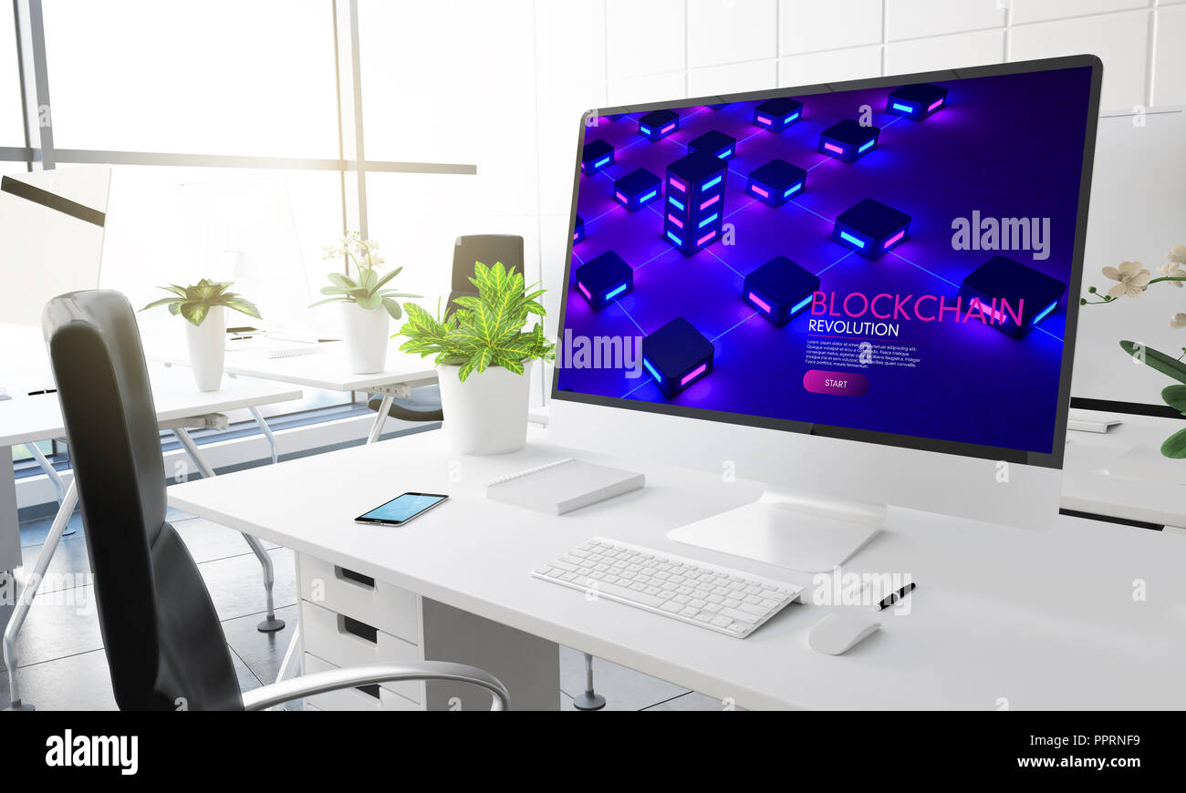 computer with blockchain website at modern office 3d rendering Stock ...