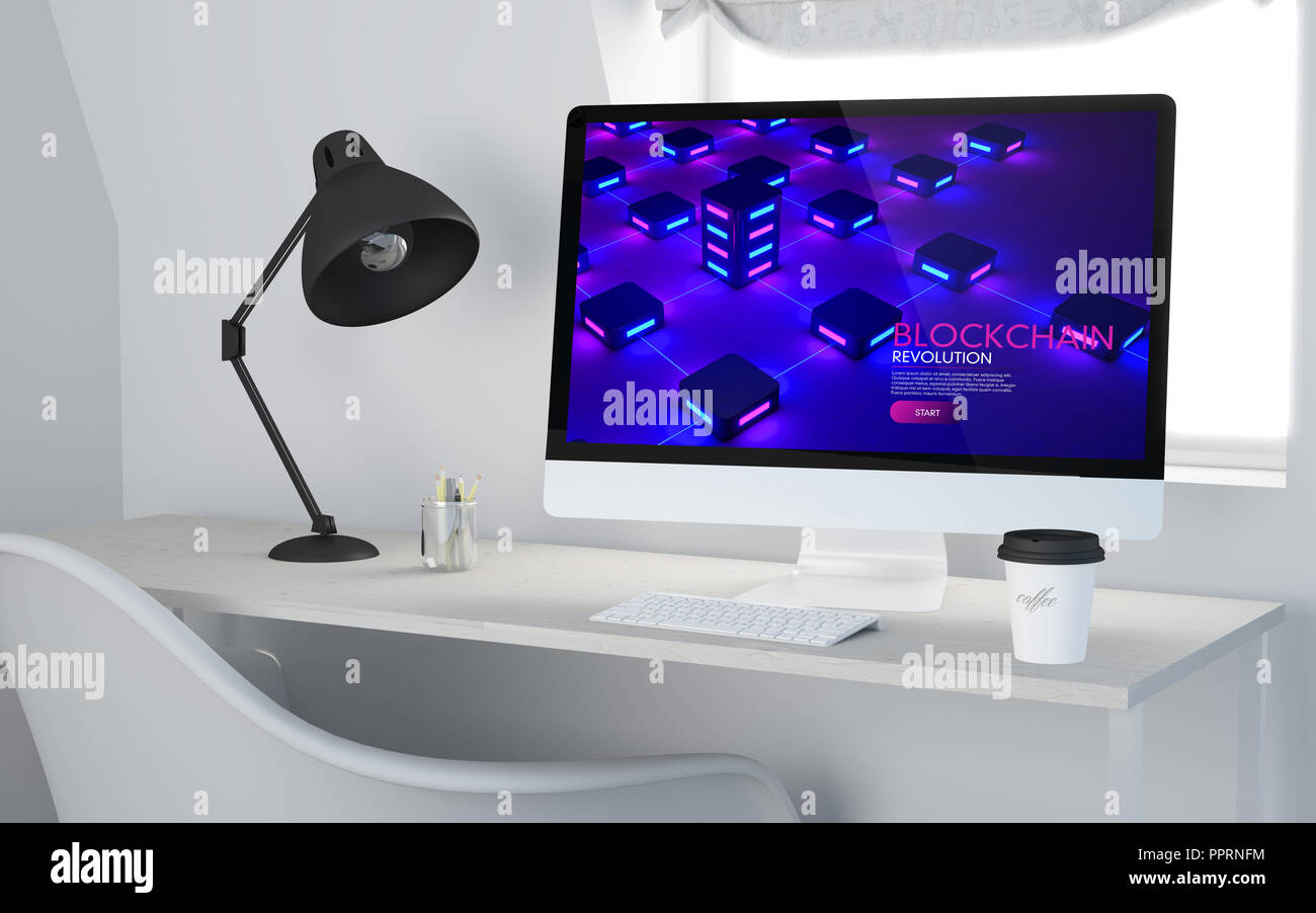 3d rendering of a desktop workplace with computer blockchain website ...