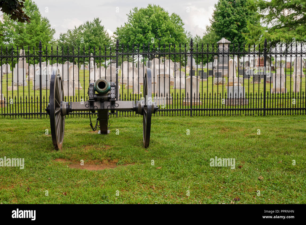 A cannon is displayed outside the gates of the Gettysburg National ...