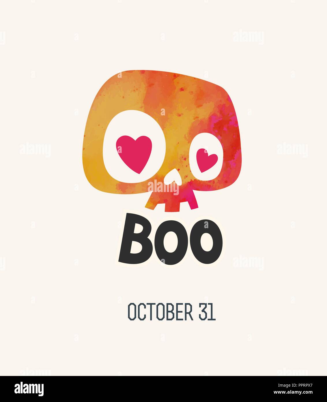 Cute Watercolor cartoon skull. Boo Happy Halloween poster or card ...