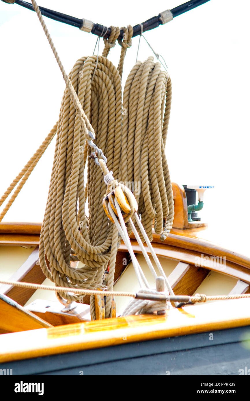 Large loops of ropes hanging over the deck of the Tall Ship Pride of ...