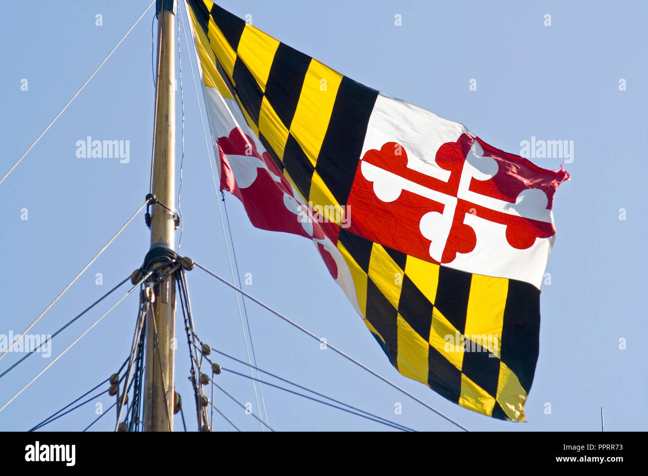 Mast of the Pride of Baltimore II tall ship carrying official Flag of ...