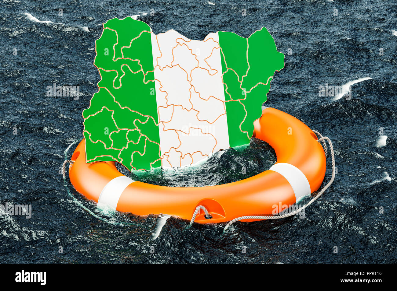 Lifebuoy with Nigerian map in the open sea. Safe, help and protect ...