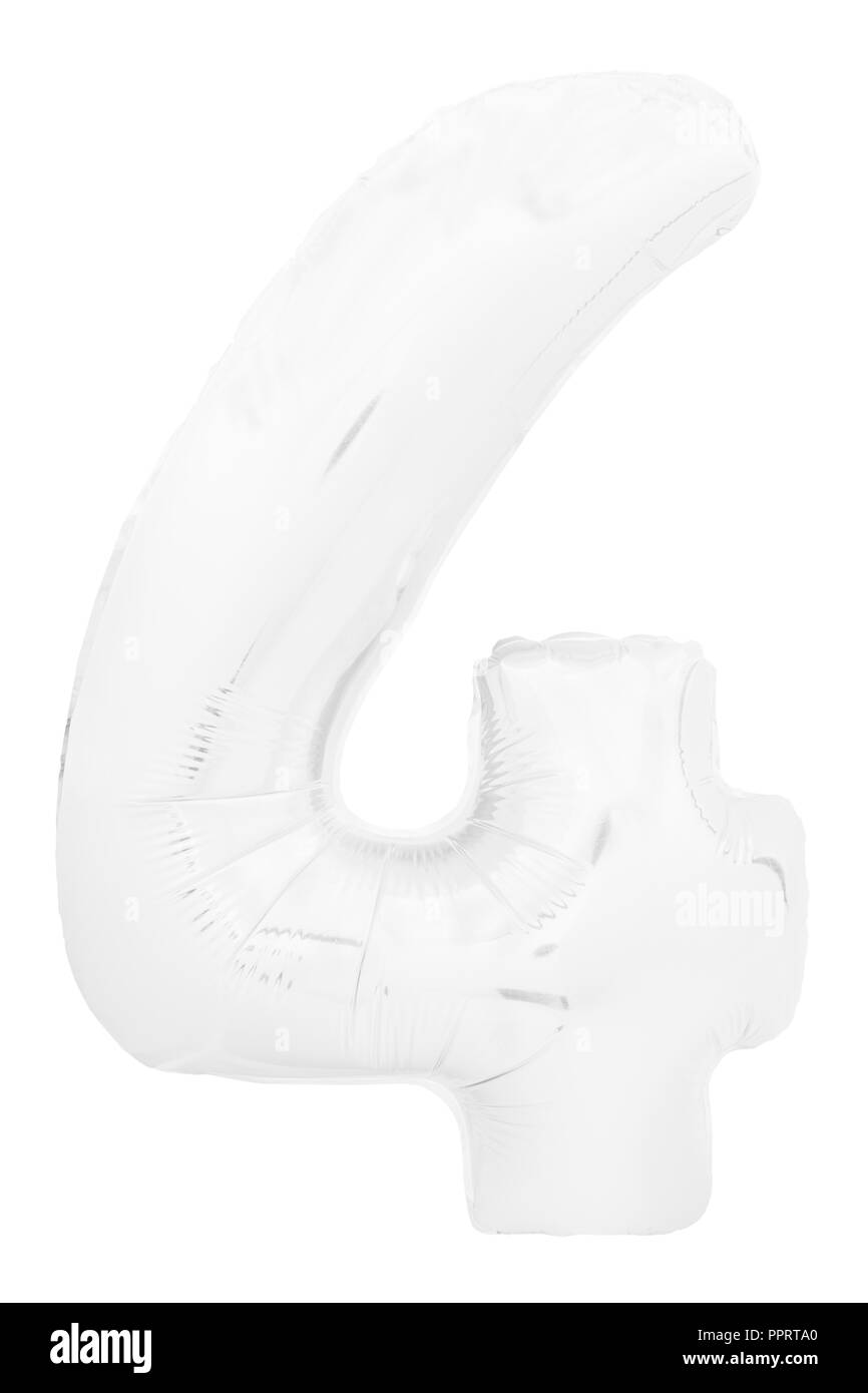 White number four 4 made of helium balloon isolated on white background ...