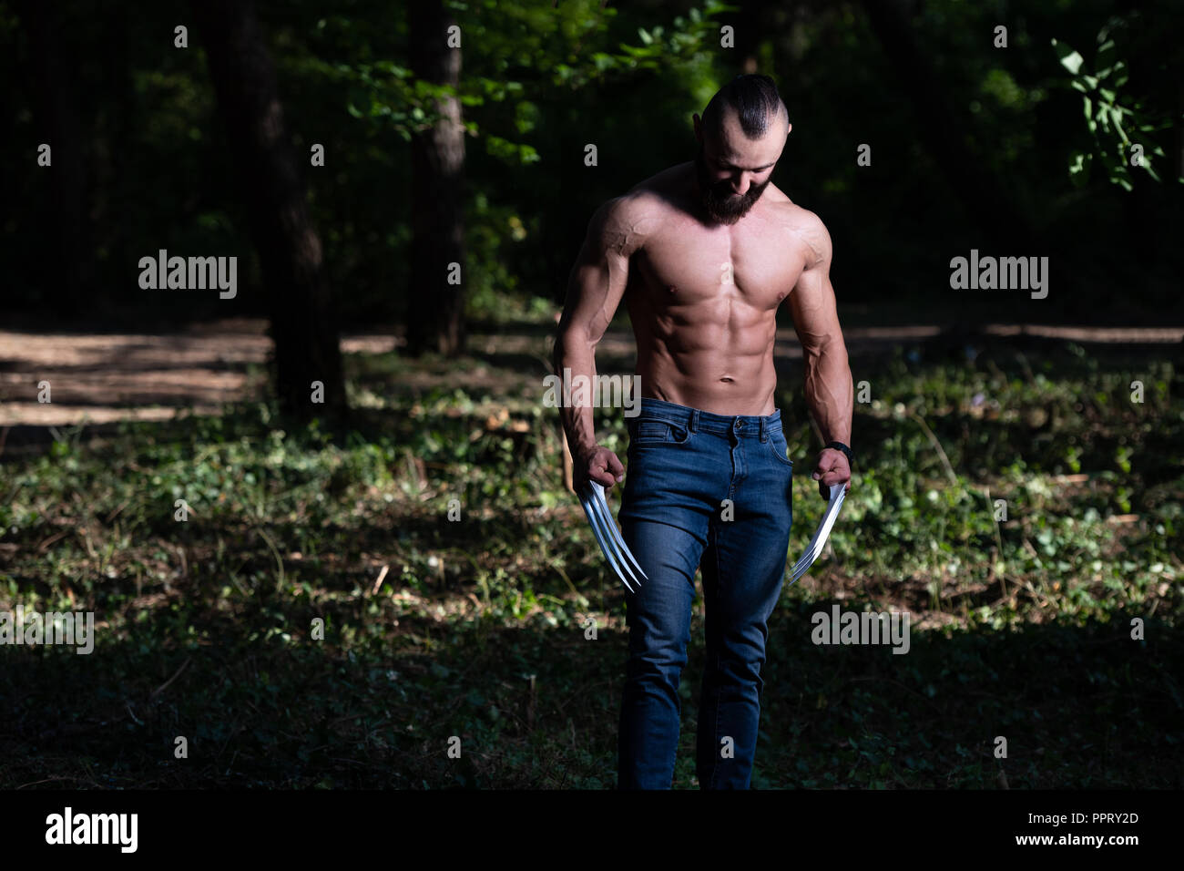 Superhero With Claws Standing Strong Flexing Muscles - Muscular ...