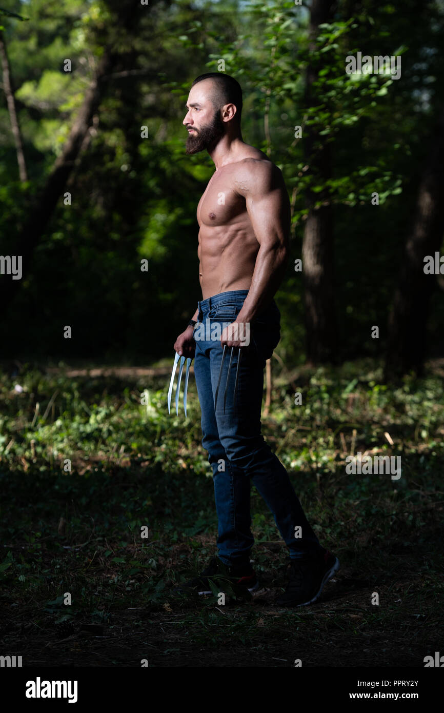 Wolverine With Claws Standing Strong Outdoors and Flexing Muscles ...