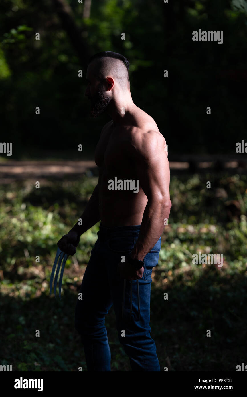 Wolverine With Claws Standing Strong Outdoors and Flexing Muscles ...