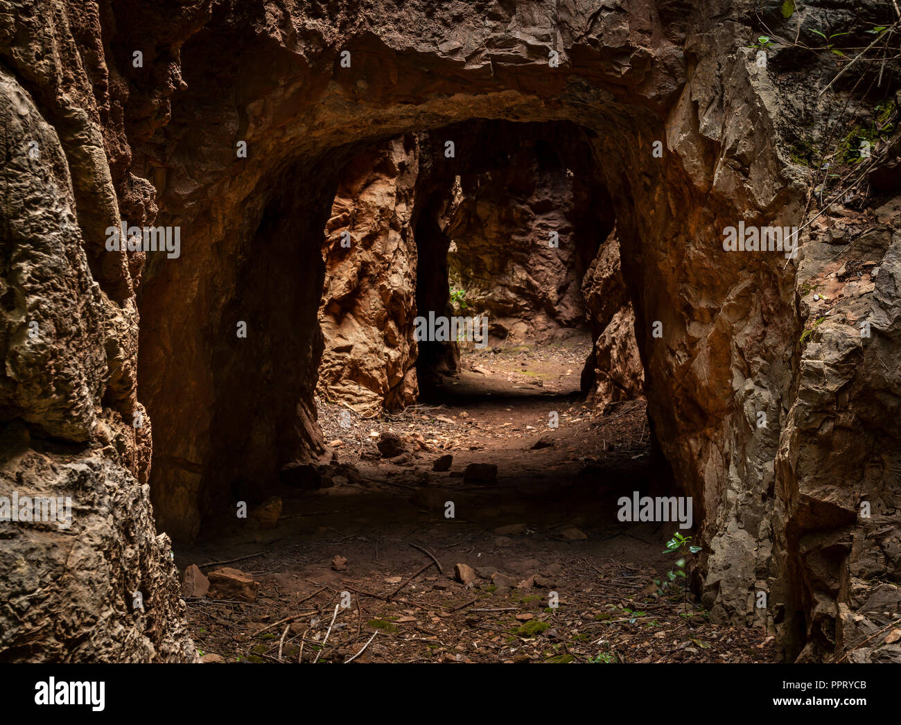 View to small tunnel in big hard rock in Cerro del Hierro, Seviile ...