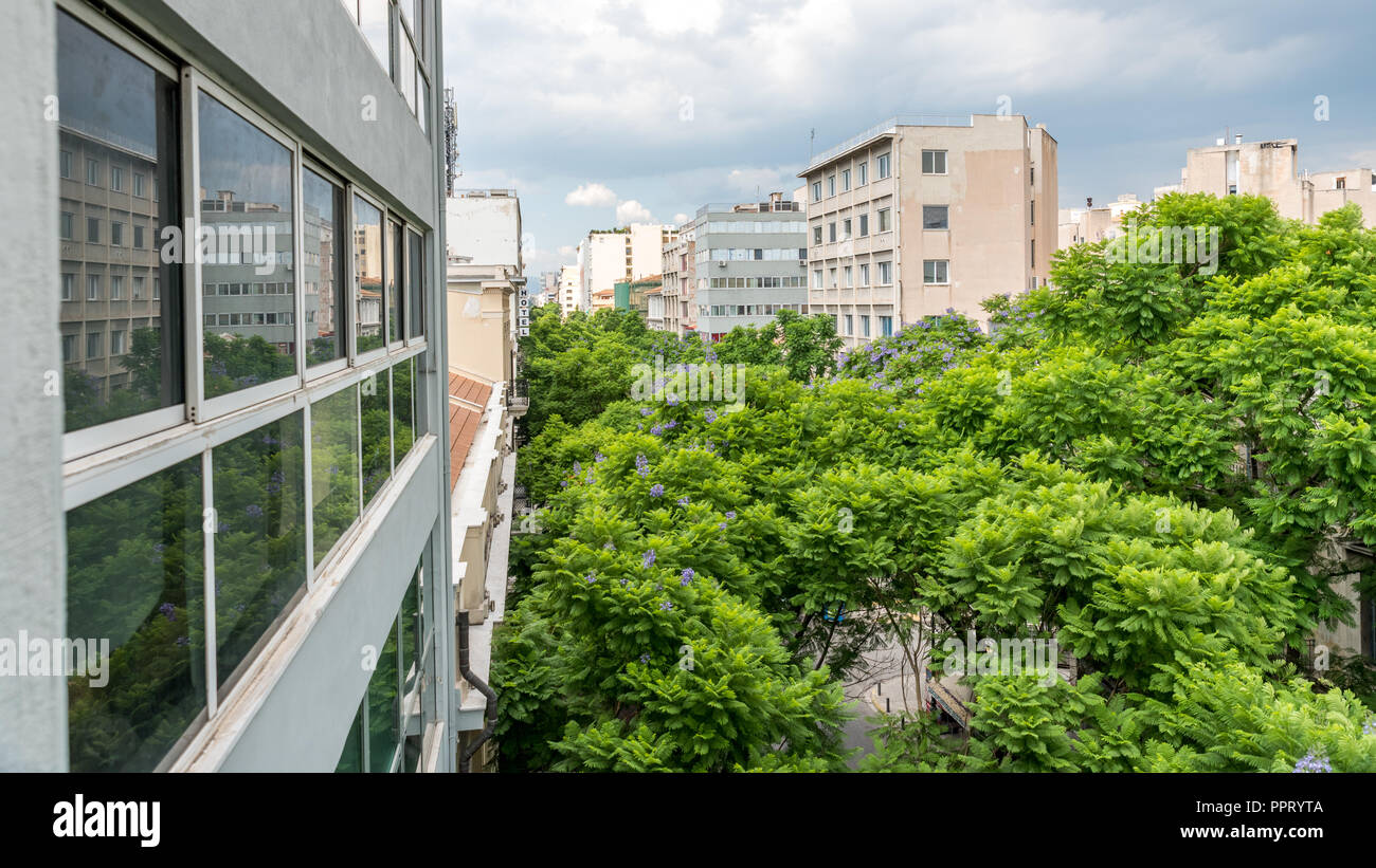 Street scene from above of office buildings, hotel and trees Stock ...