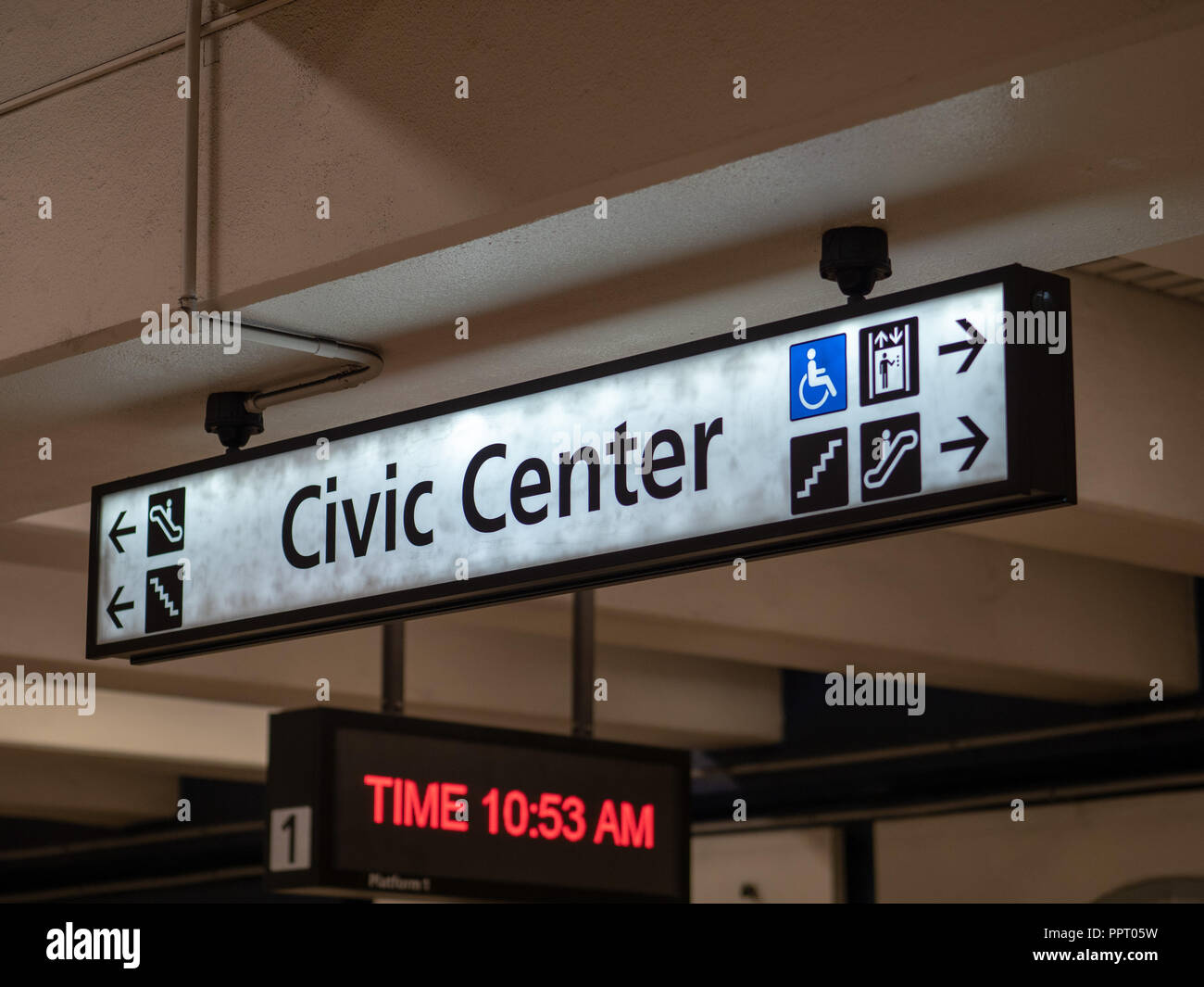 Civic Center BART public transportation sign in subway station ...