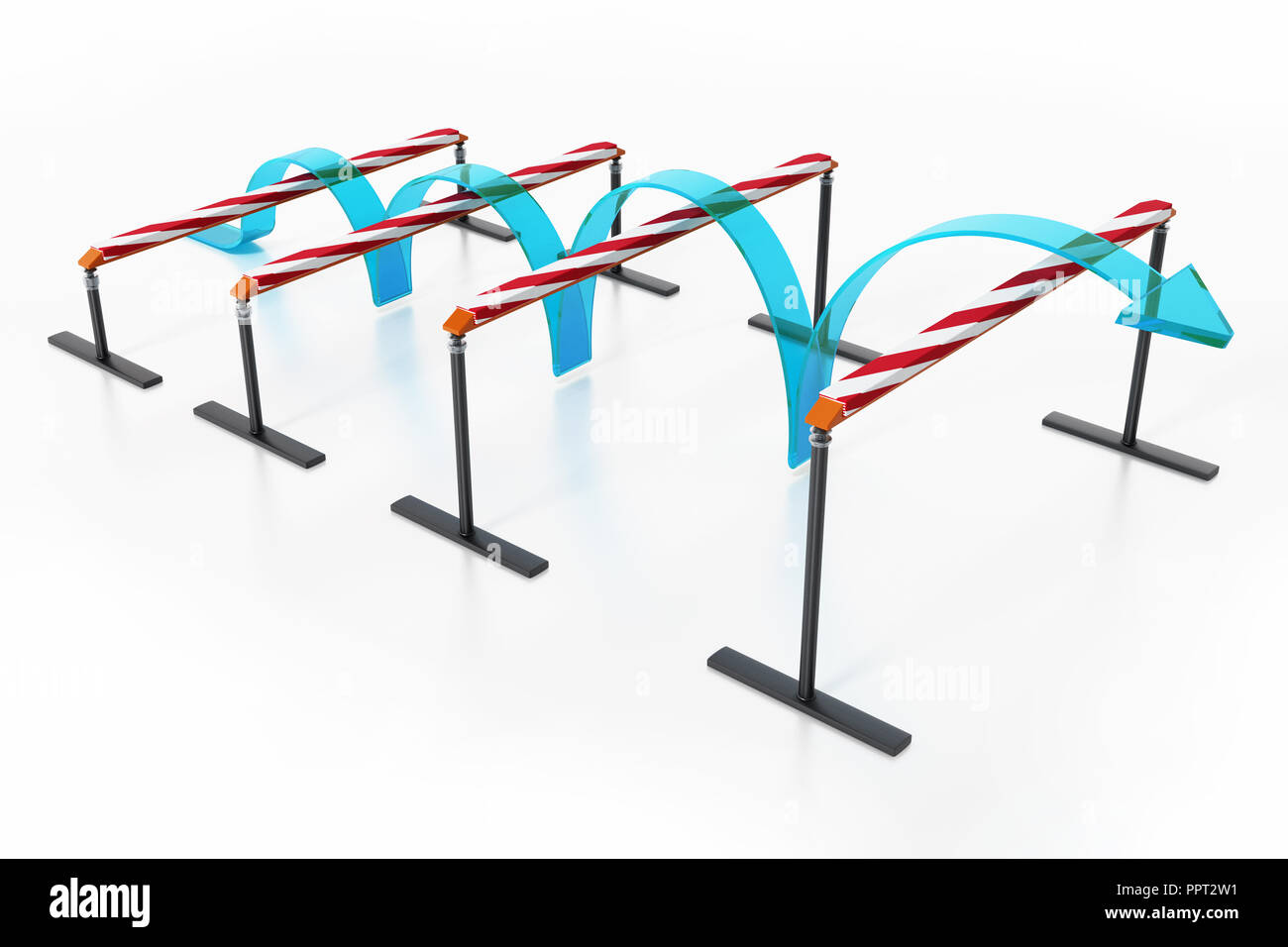 Blue arrow jumping over the obstacles. 3D illustration Stock Photo - Alamy