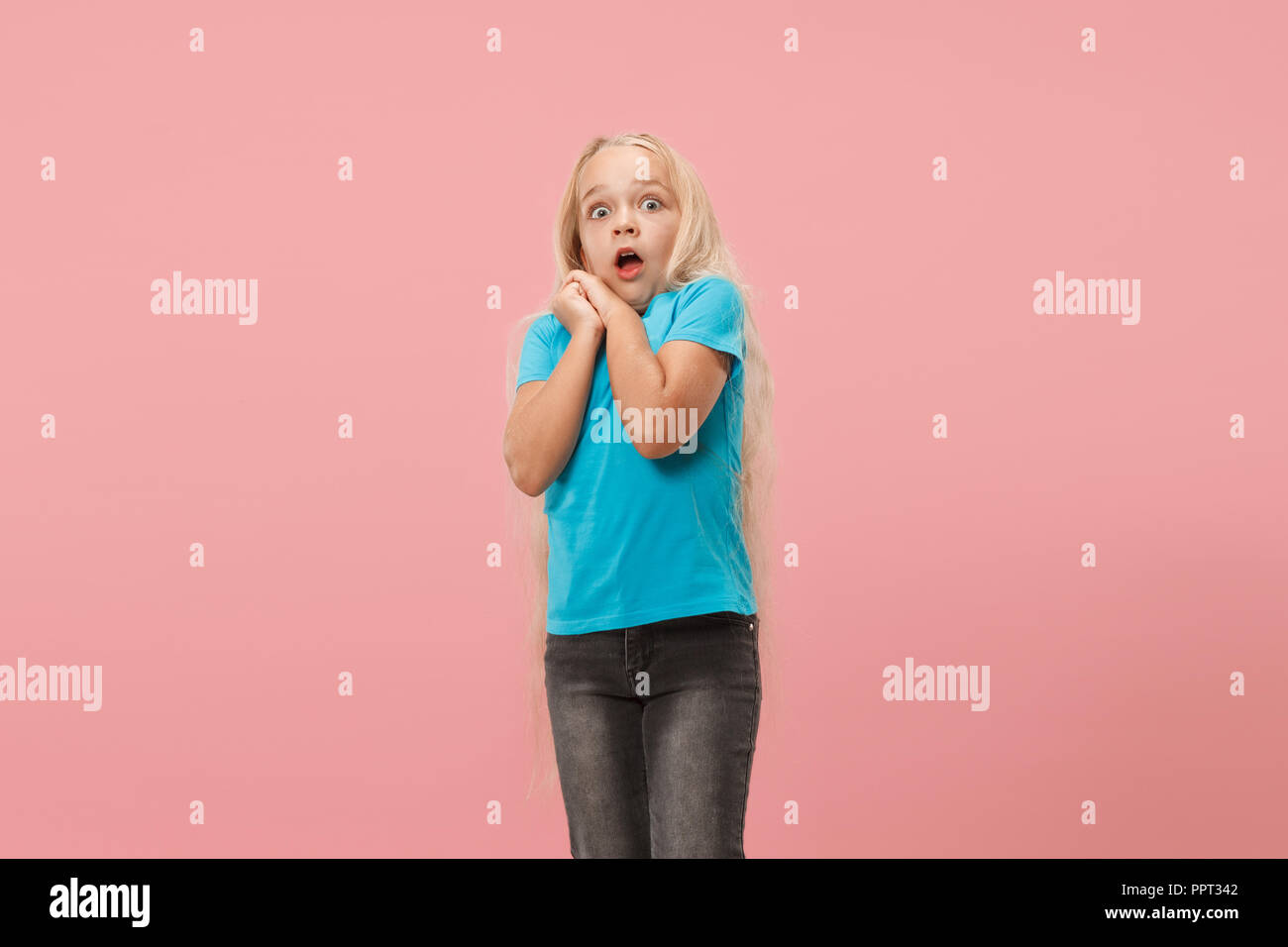 I'm afraid. Fright. Portrait of the scared teen girl. She standing ...