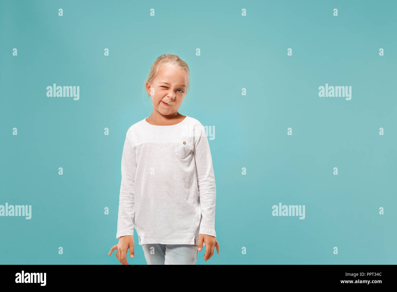 Reject, rejection, doubt concept. Young emotional teen girl at studio ...