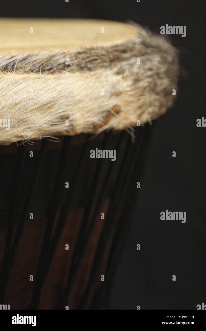 up-close view of a wooden African djembe design with tuning ropes on ...