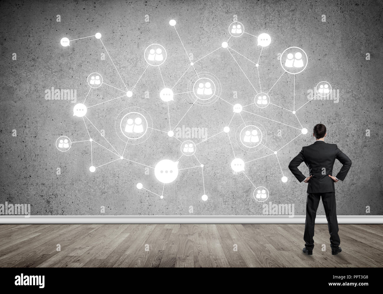 Connection lines drawn on concrete wall as symbol for networking Stock ...