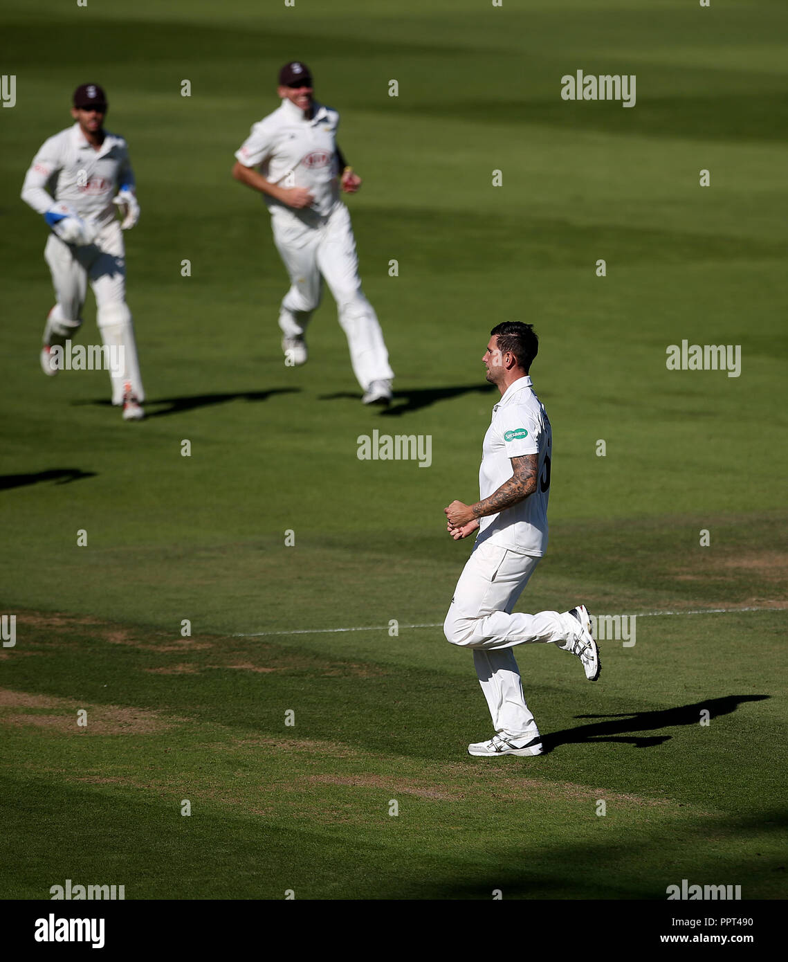Surrey's Morne Morkel celebrates Essex's Dan Lawrence (not in picture ...