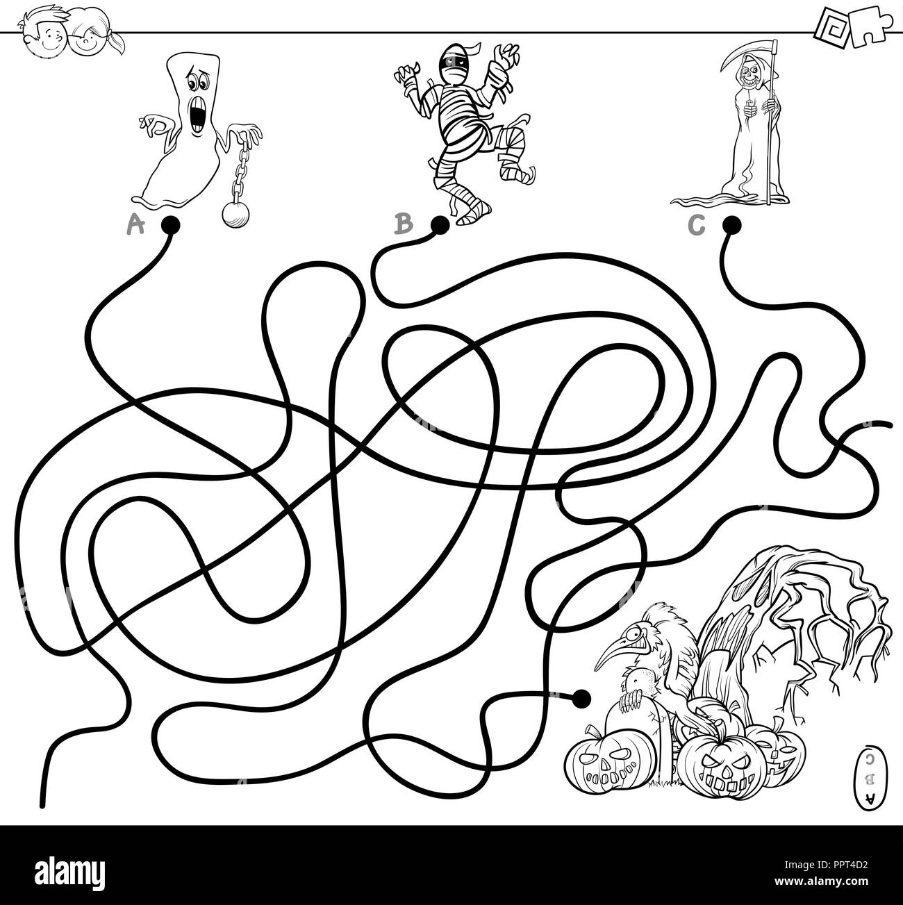 Black and White Cartoon Illustration of Lines Maze Puzzle Game with ...