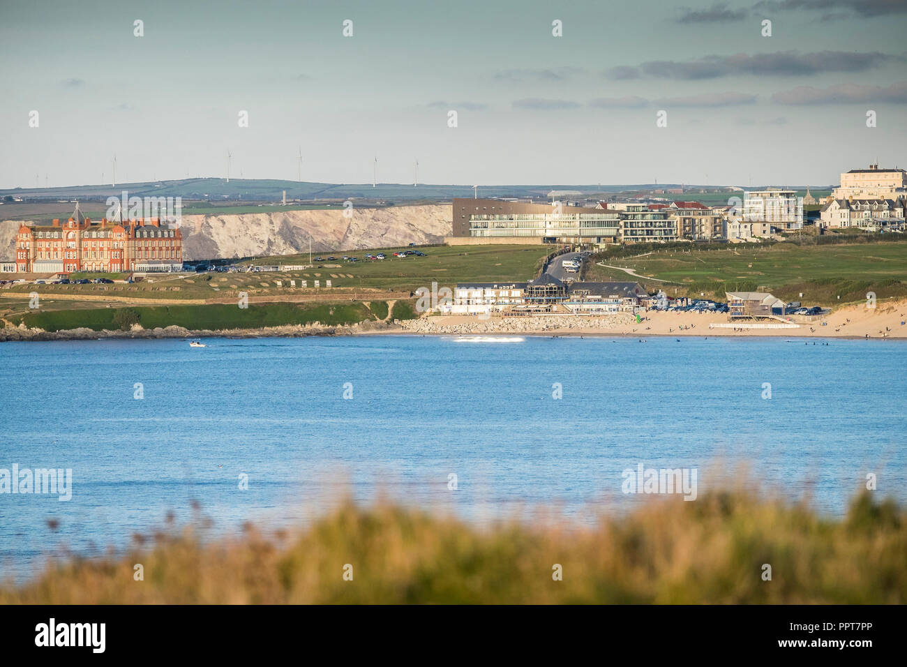 A view of Fistral Beach seen from East Pentire in Newquay in Cornwall ...