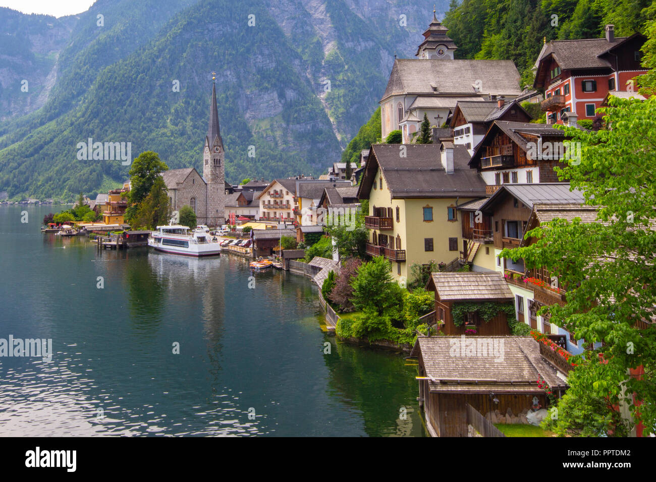 Panoramic view of Hallstatt village, and lake in Austria. Hallstatt ...