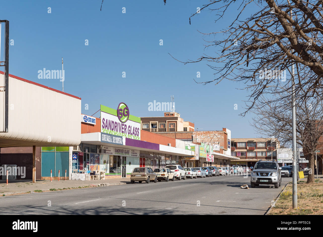 VIRGINIA, SOUTH AFRICA, AUGUST 2, 2018: A street scene, with businesses ...