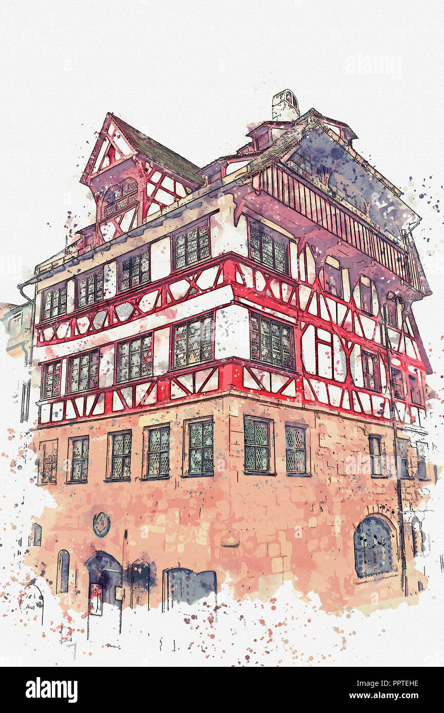 A watercolor sketch or an illustration of traditional German ...
