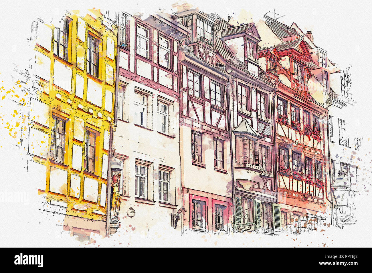 A watercolor sketch or an illustration of traditional German ...