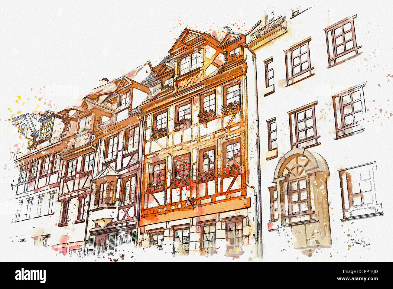 A watercolor sketch or an illustration of traditional German ...