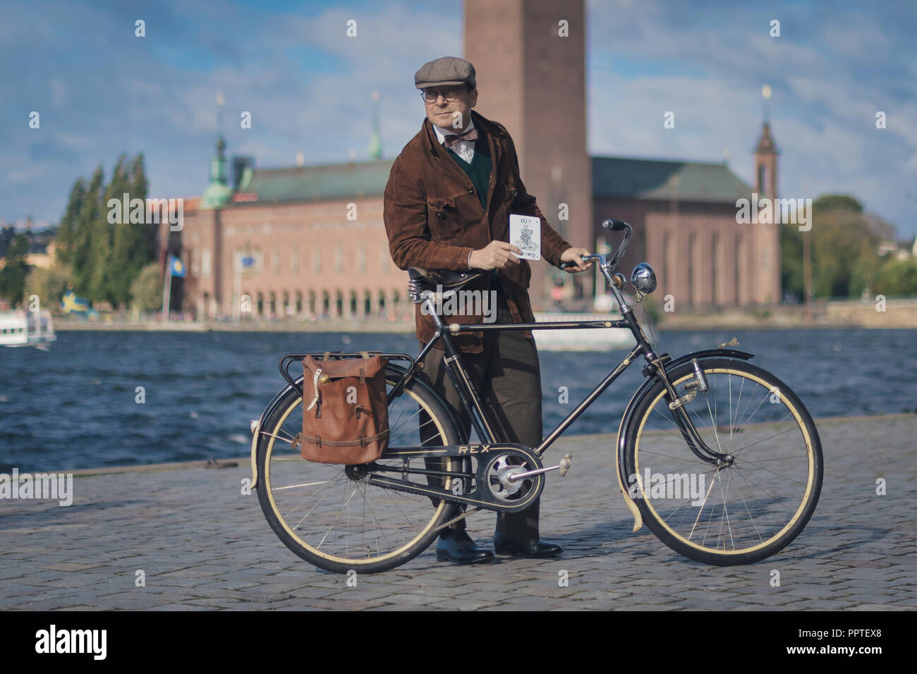 STOCKHOLM, SWEDEN, SEPT 22, 2018: Bike in tweed bicycle tour with ...