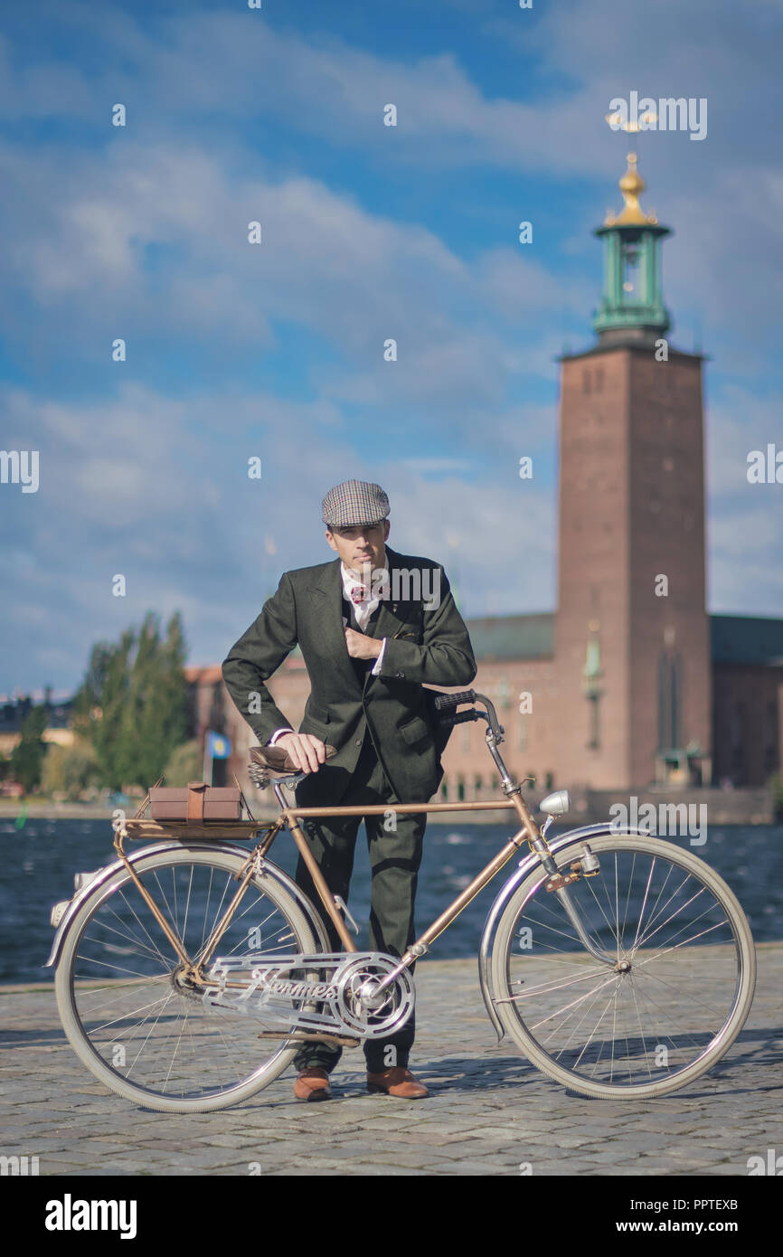 STOCKHOLM, SWEDEN, SEPT 22, 2018: Bike in tweed bicycle tour with ...