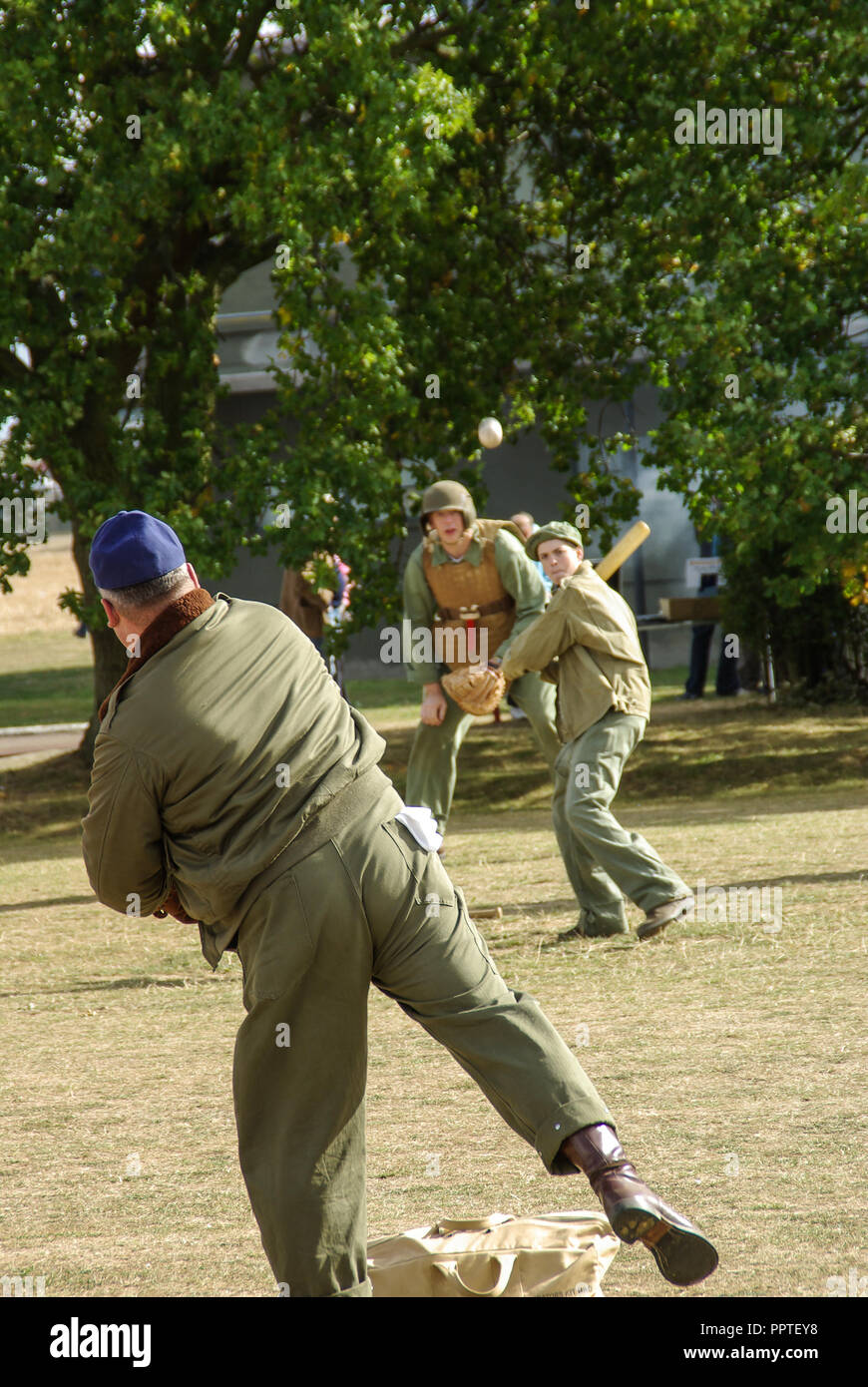 Wartime baseball. Re-enactors re-create scene of United States Army Air ...