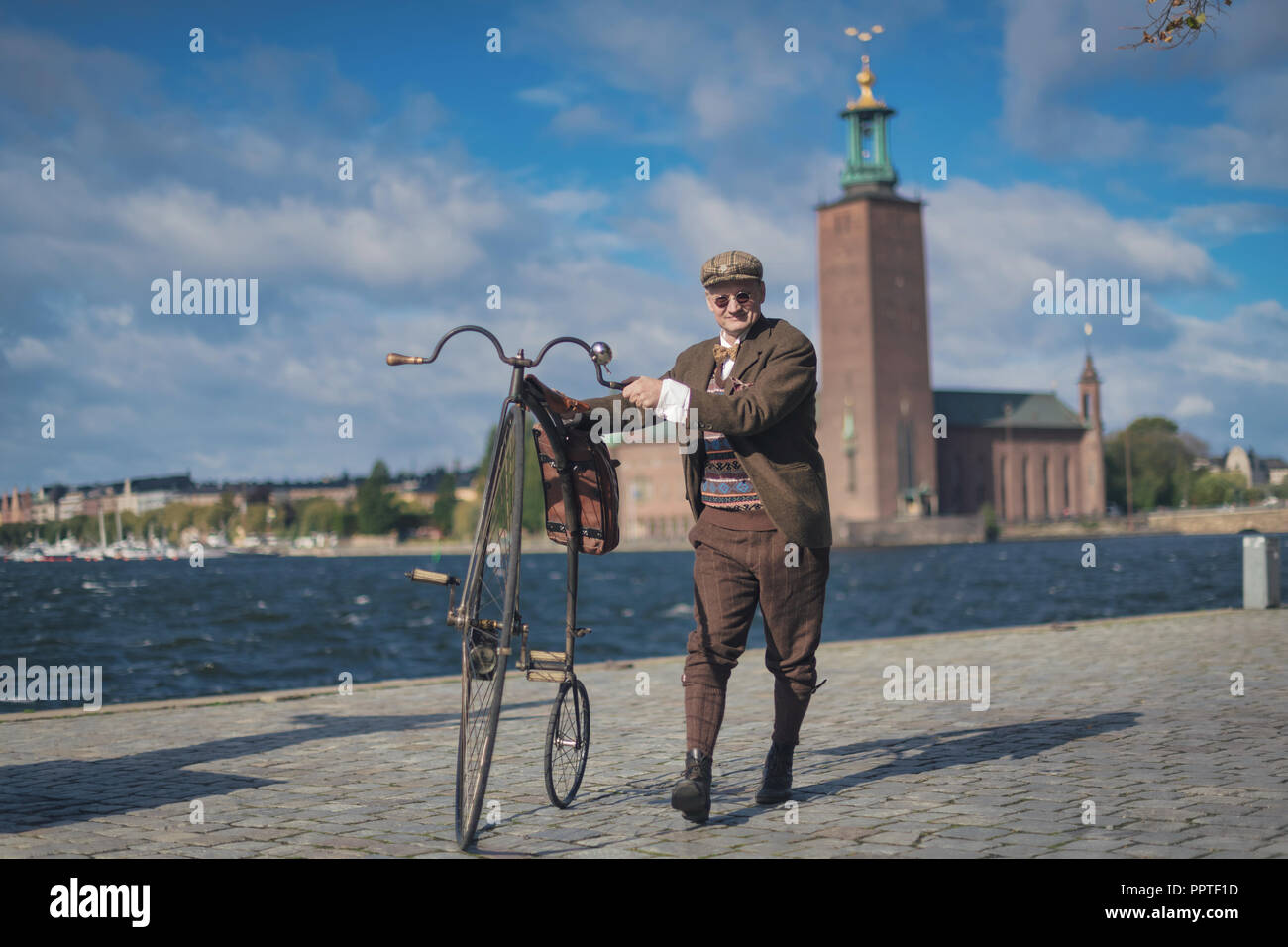 STOCKHOLM, SWEDEN, SEPT 22, 2018: Bike in tweed bicycle tour with ...