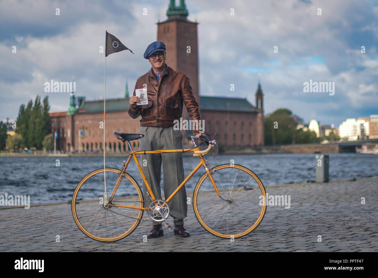 STOCKHOLM, SWEDEN, SEPT 22, 2018: Bike in tweed bicycle tour with ...