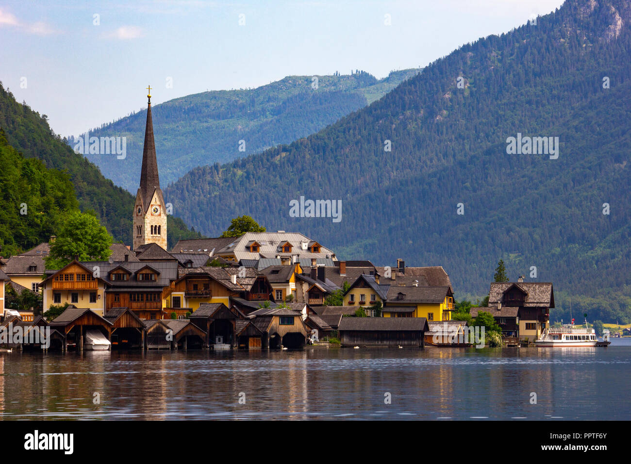 Panoramic view of Hallstatt village, and lake in Austria. Hallstatt ...