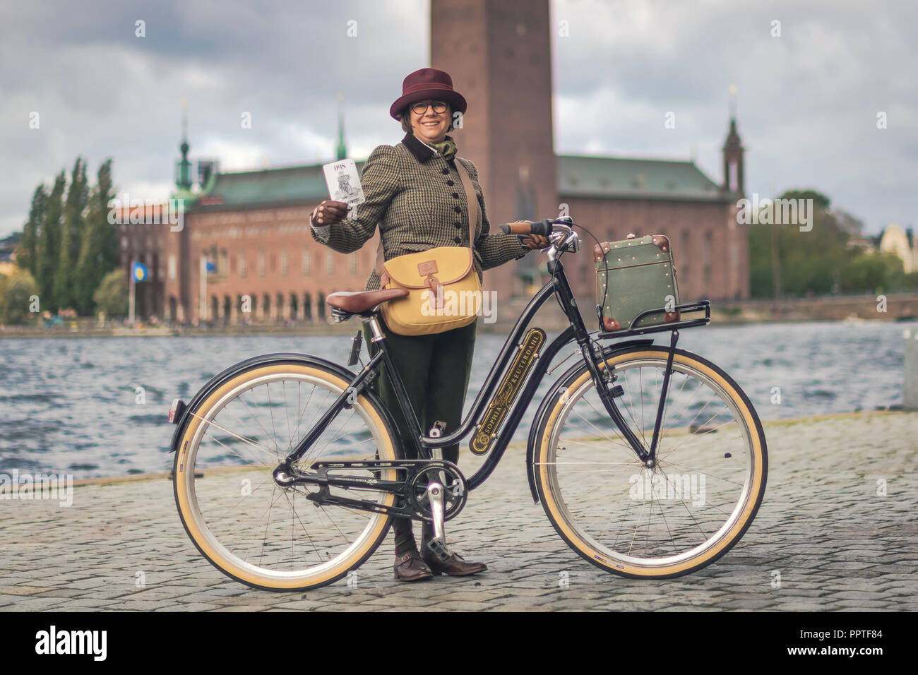 STOCKHOLM, SWEDEN, SEPT 22, 2018: Bike in tweed bicycle tour with ...
