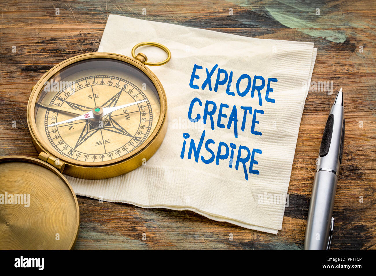 explore, create, inspire concept - inspiraitonal handwriting on a ...