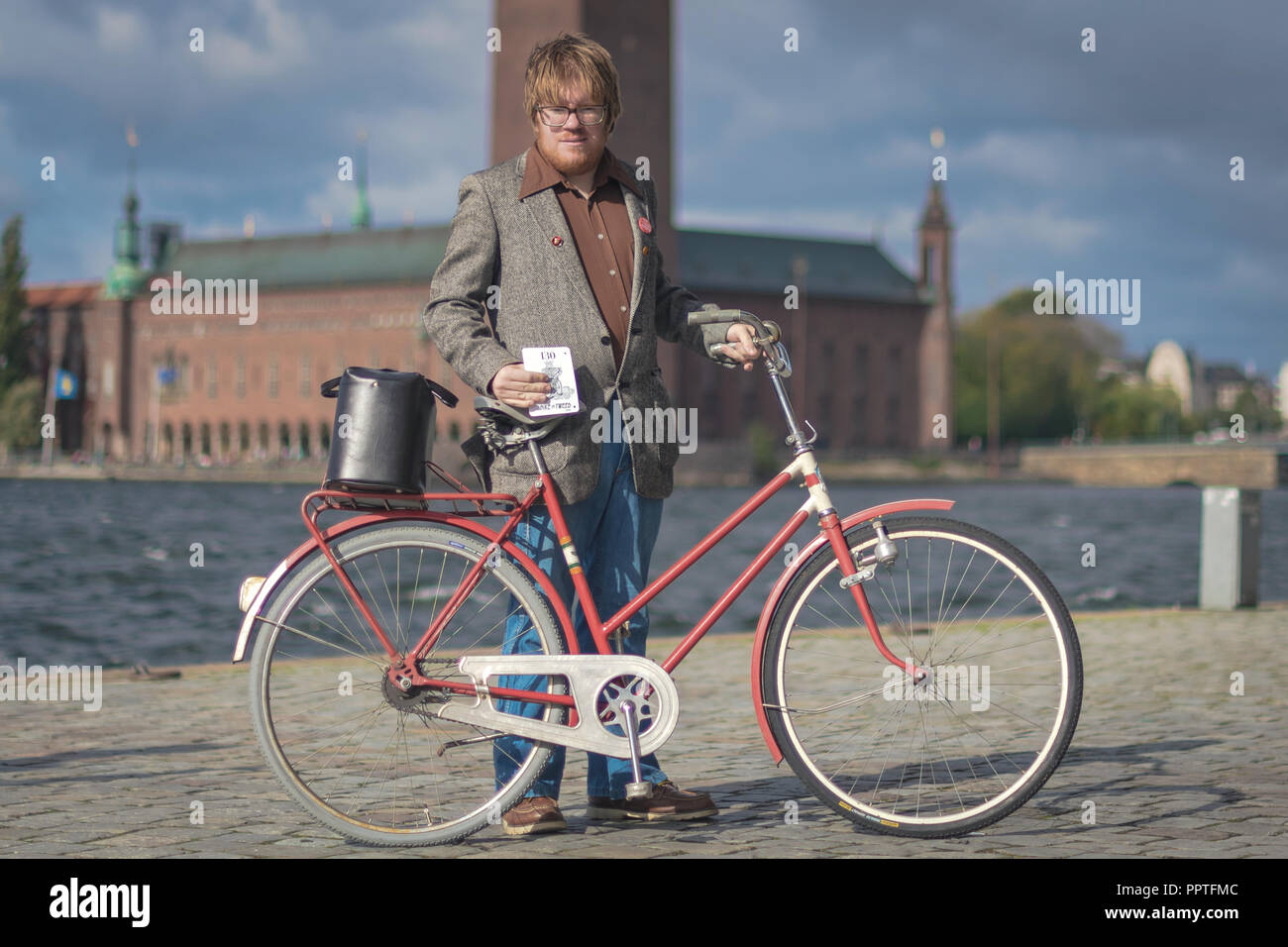 STOCKHOLM, SWEDEN, SEPT 22, 2018: Bike in tweed bicycle tour with ...