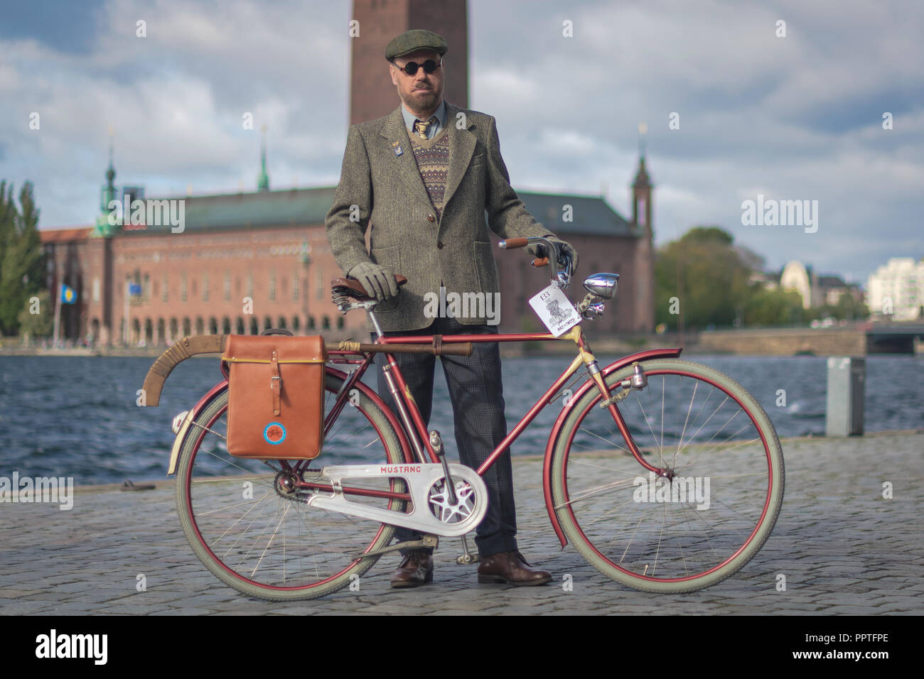 STOCKHOLM, SWEDEN, SEPT 22, 2018: Bike in tweed bicycle tour with ...