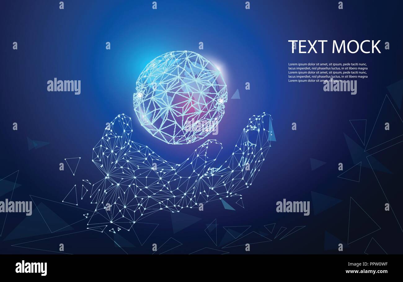 abstract technology concept hand digital link and world on hi tech ...