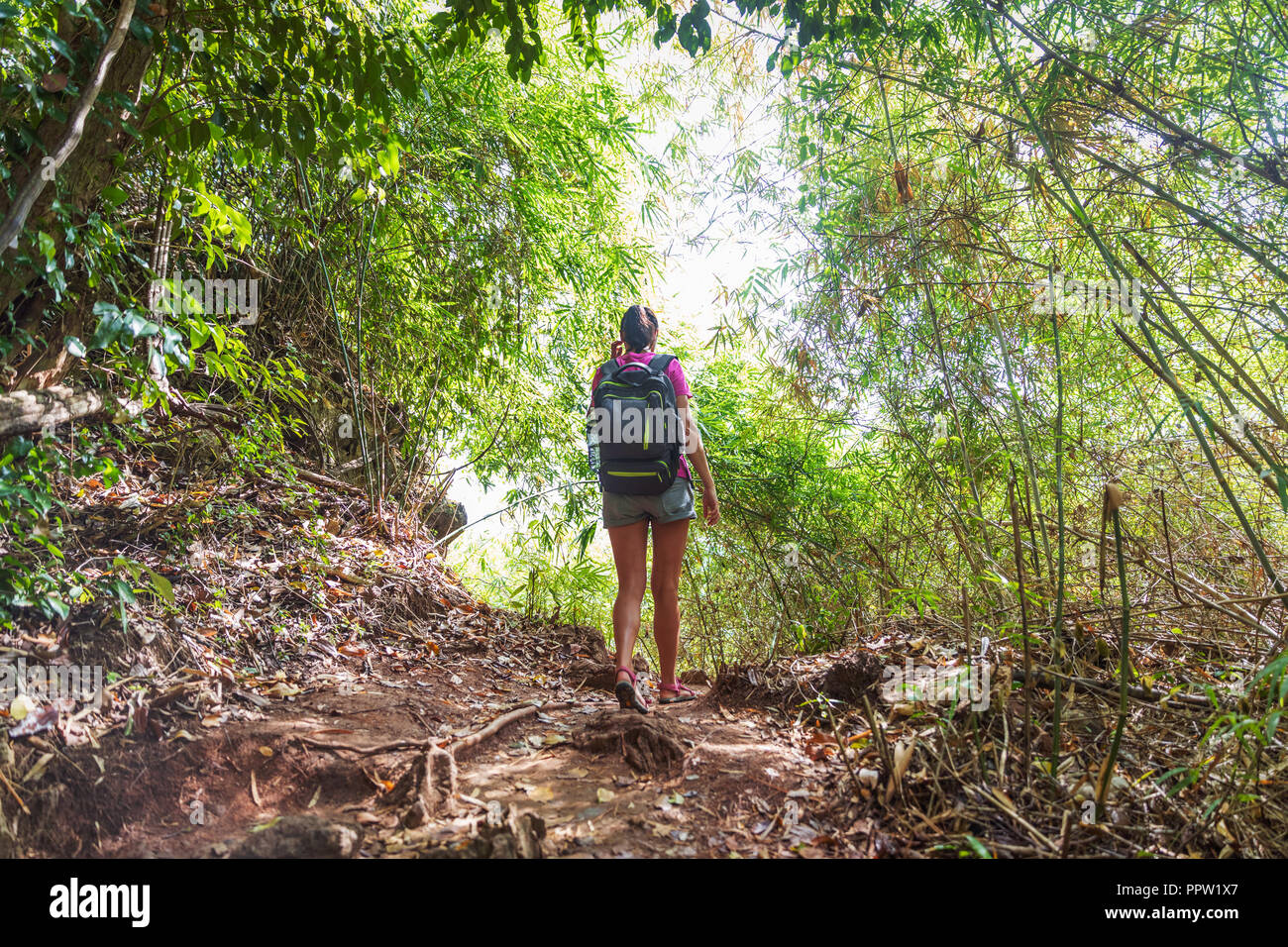 Woman walking tropical forest waterfall hi-res stock photography and ...