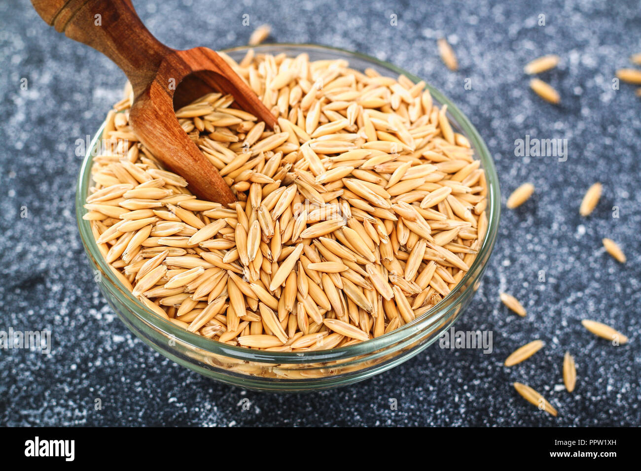 Raw grain of oats in a glass bowl on a gray table Stock Photo - Alamy