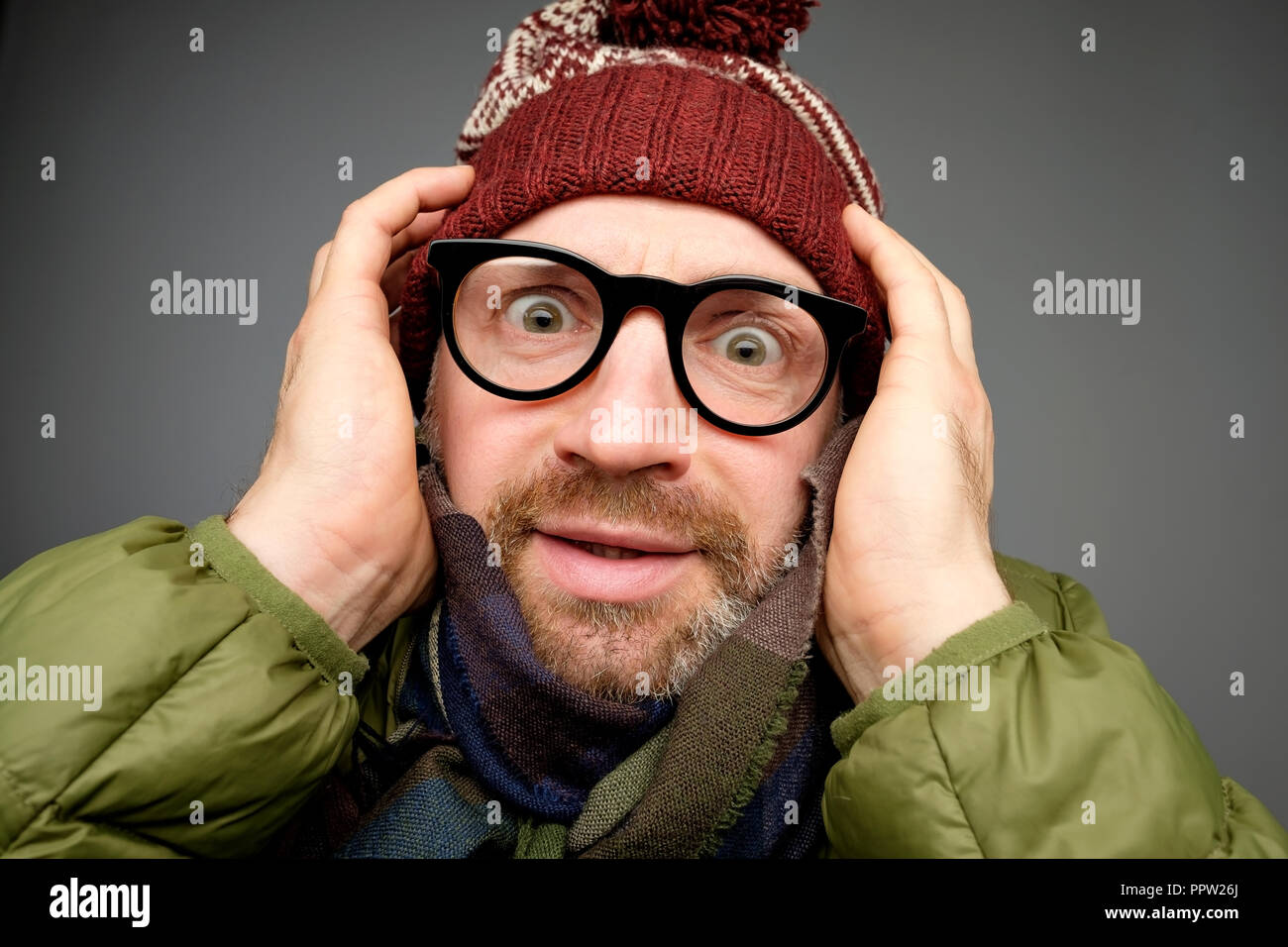 I am afraid of storm and bad weather concept. Portrait of the scared ...