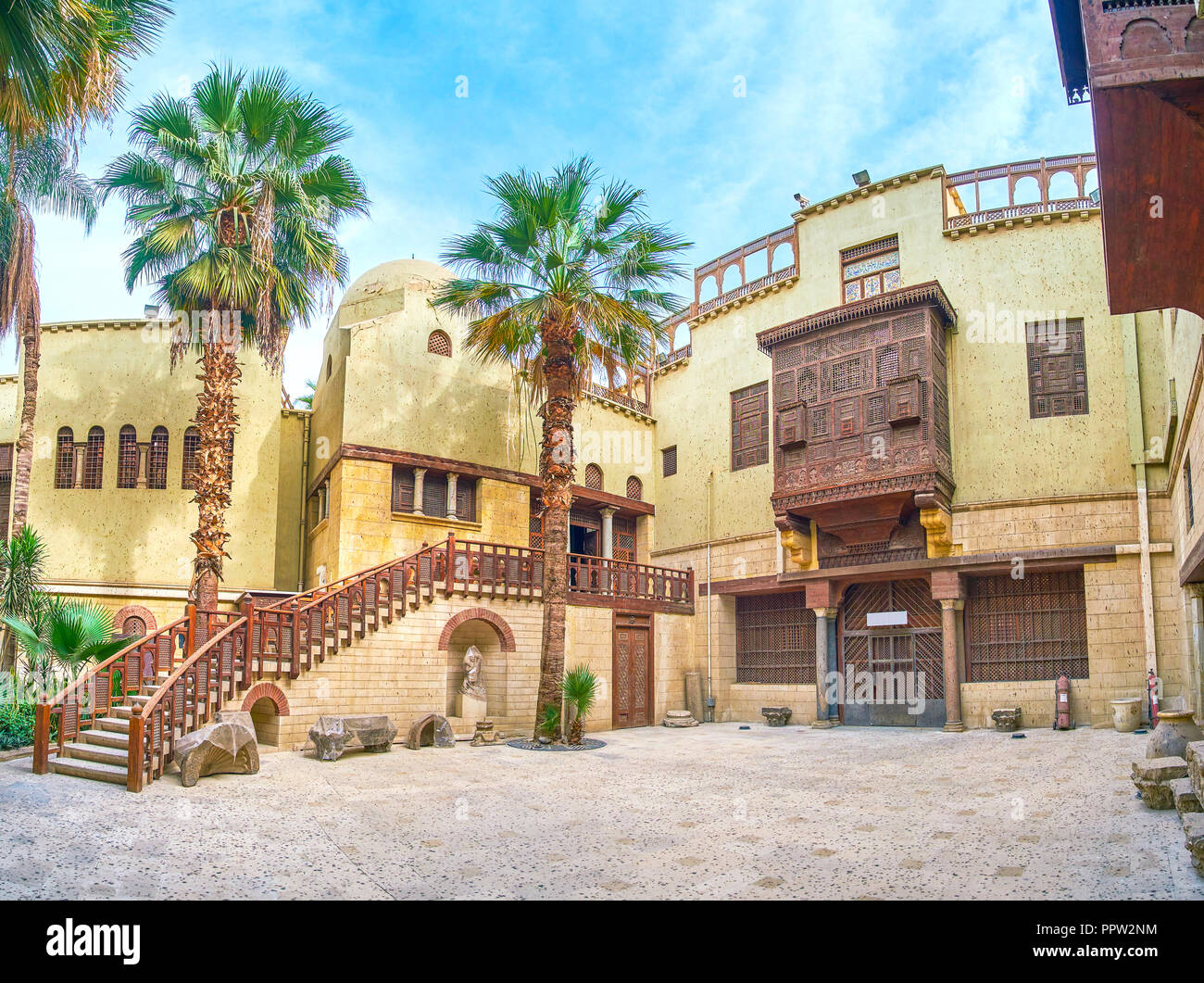 The panorama of beautiful courtyard historical mansion with latticework ...