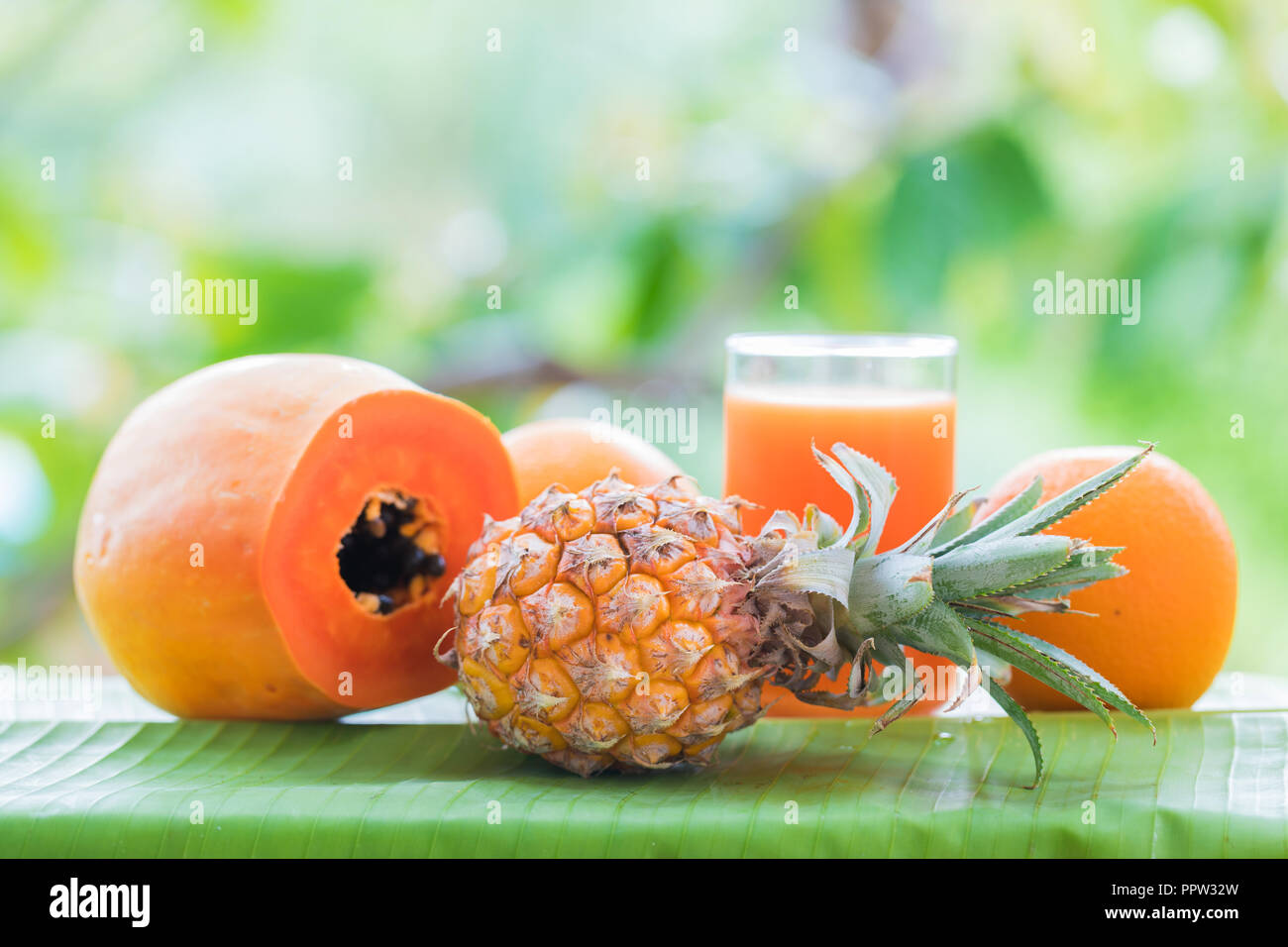 Tropical exotic pineapple and papaya fruits with glass smoothie shake ...