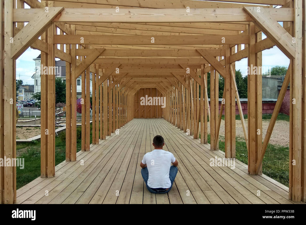 Inside perspective view of under construction wooden architecture 2018 ...