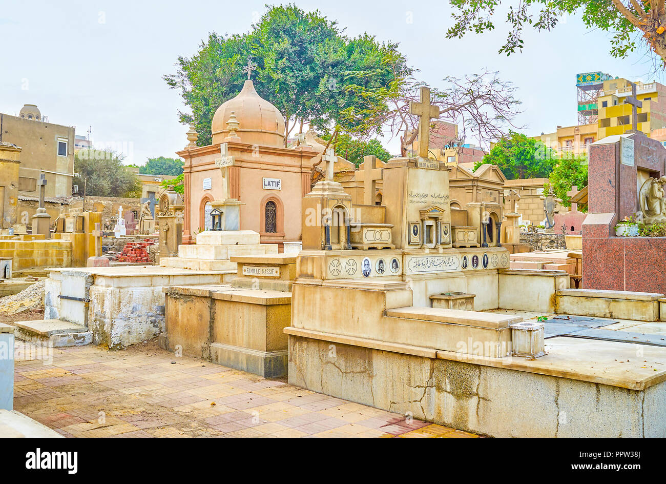 CAIRO, EGYPT - DECEMBER 23, 2017: The old christian cemetery with ...