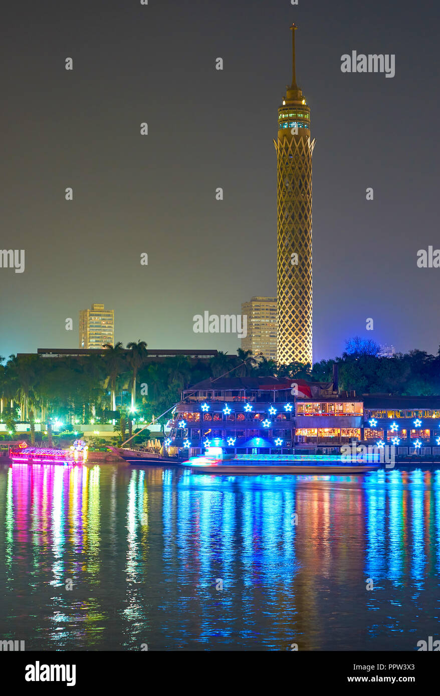 The elegant TV tower of Cairo stands on Gezira island among gardens ...